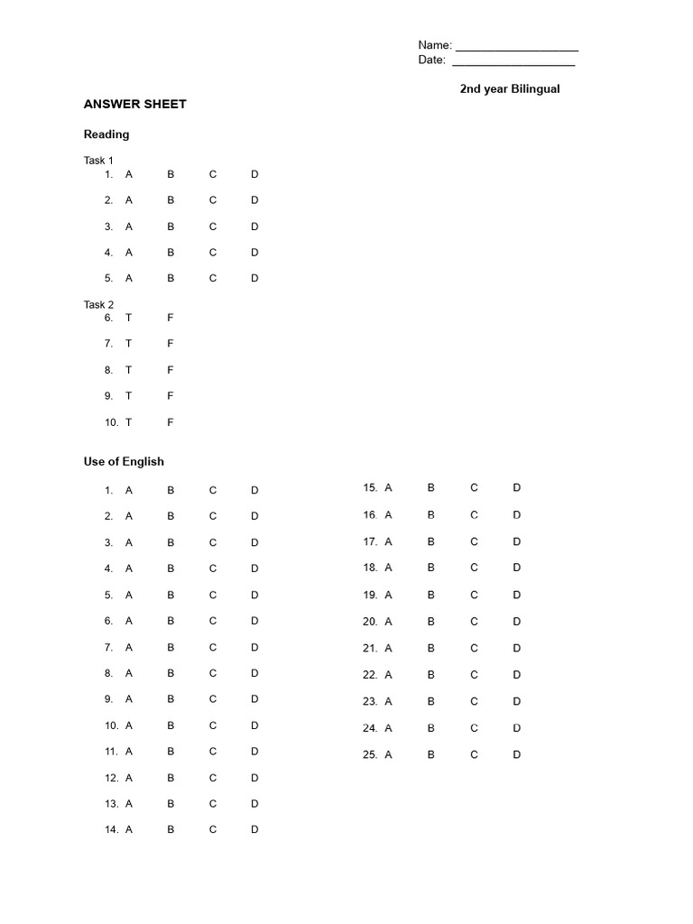 ANSWER SHEET - 2nd Bilingual | PDF