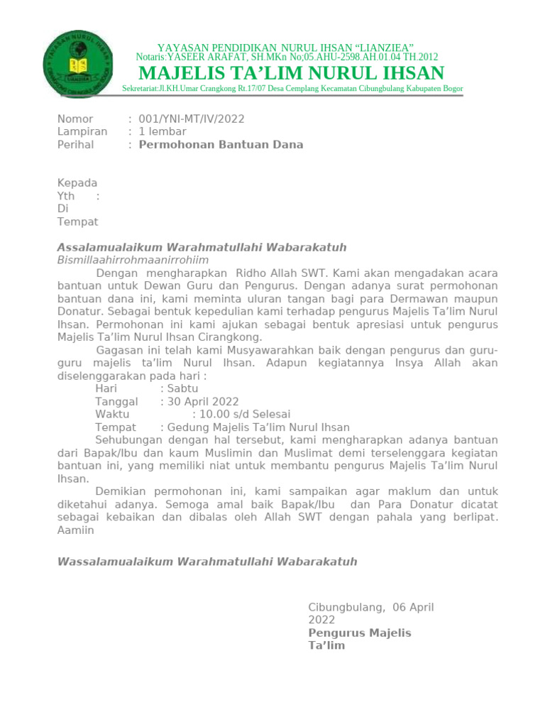Surat Permohonan Bantuan | PDF