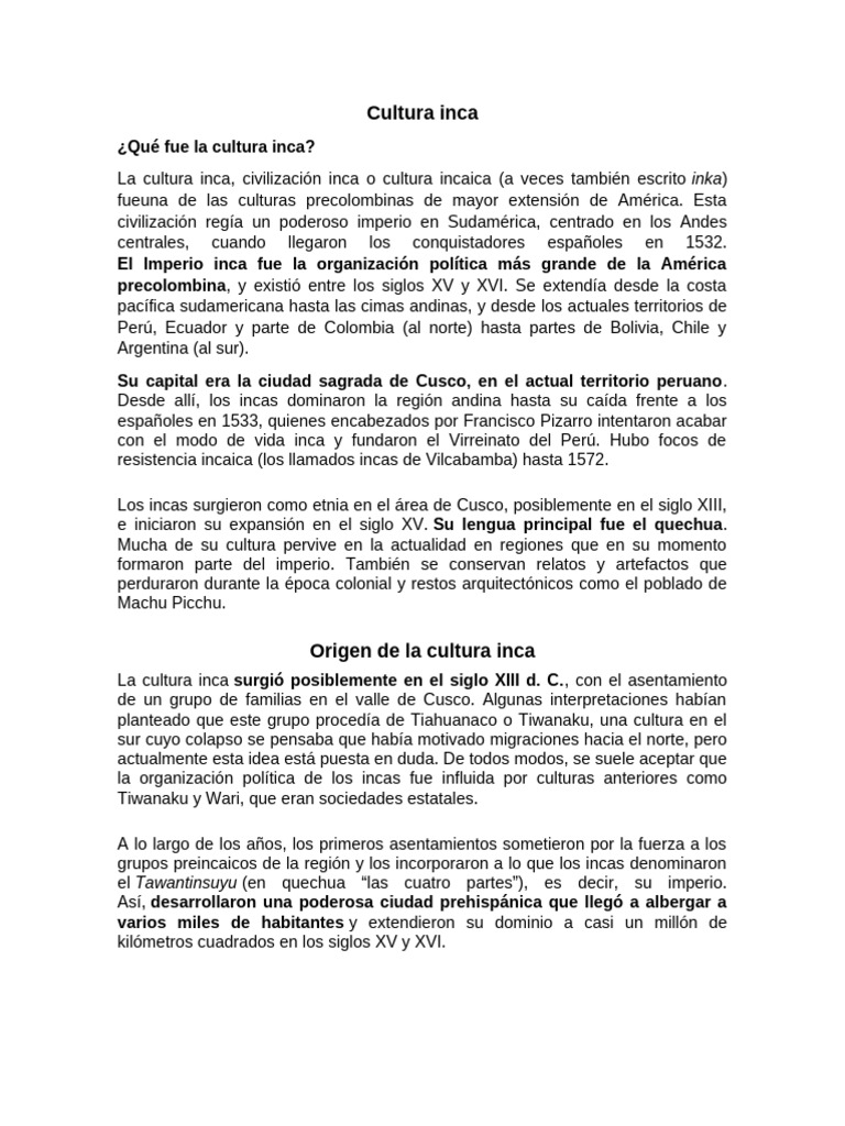 La Cultura Inca: Un Imperio Andino | PDF | Imperio Inca | Perú