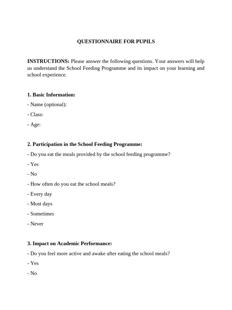 Questionnaire For Pupils | PDF
