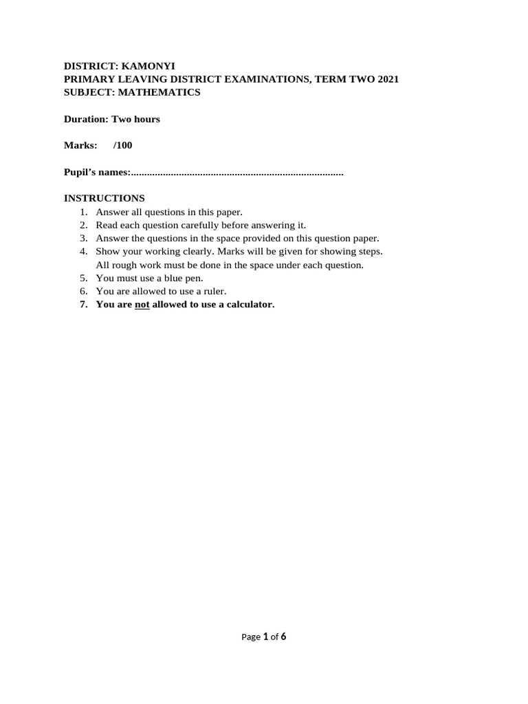 P6 Mathematics Exam Paper Term 2 2021 | PDF | Mathematics
