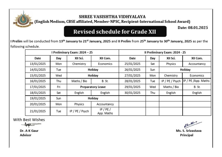 Revised Schedule For Prelim Examination 2024 25 | PDF