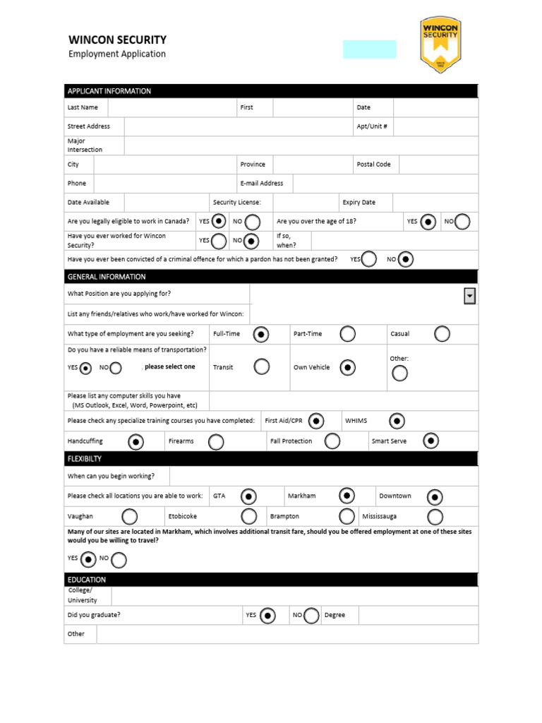 Wincon Security Employment Application | PDF