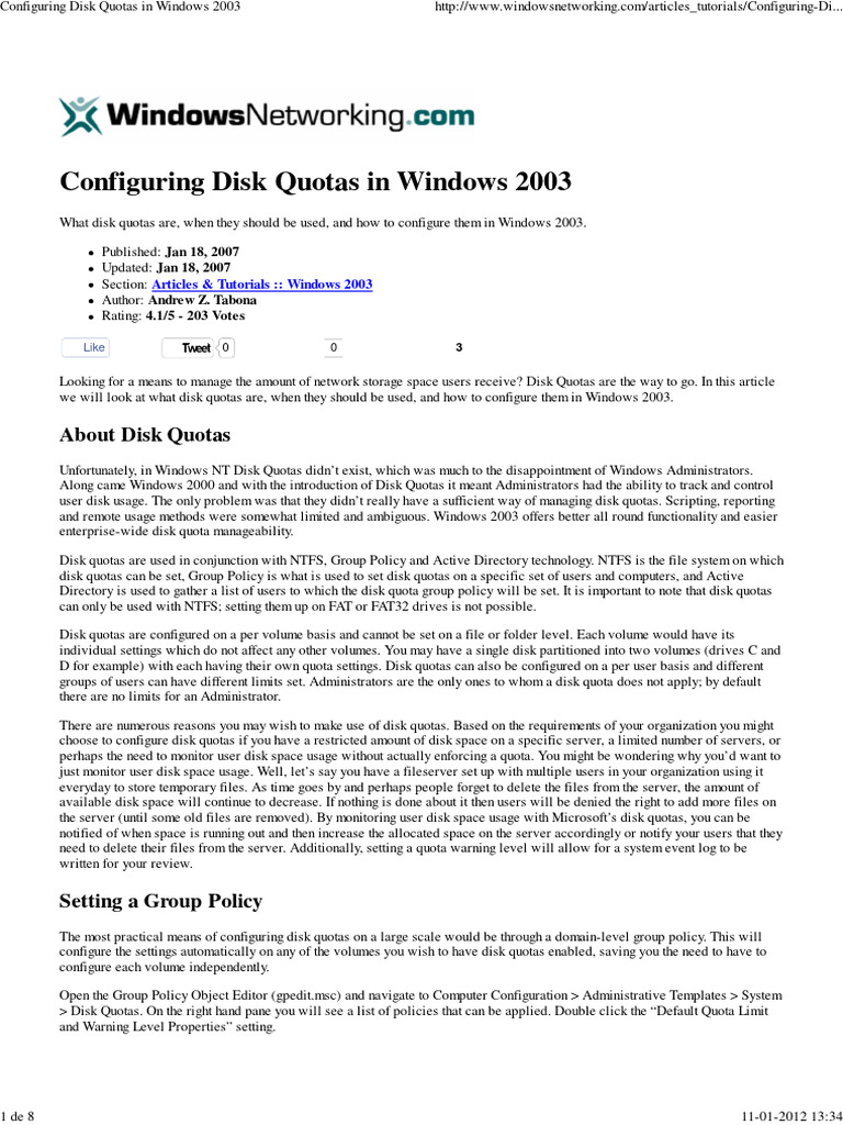 Windows 2003 Disk Quota Setup Guide | PDF | Windows 2000 | Group Policy