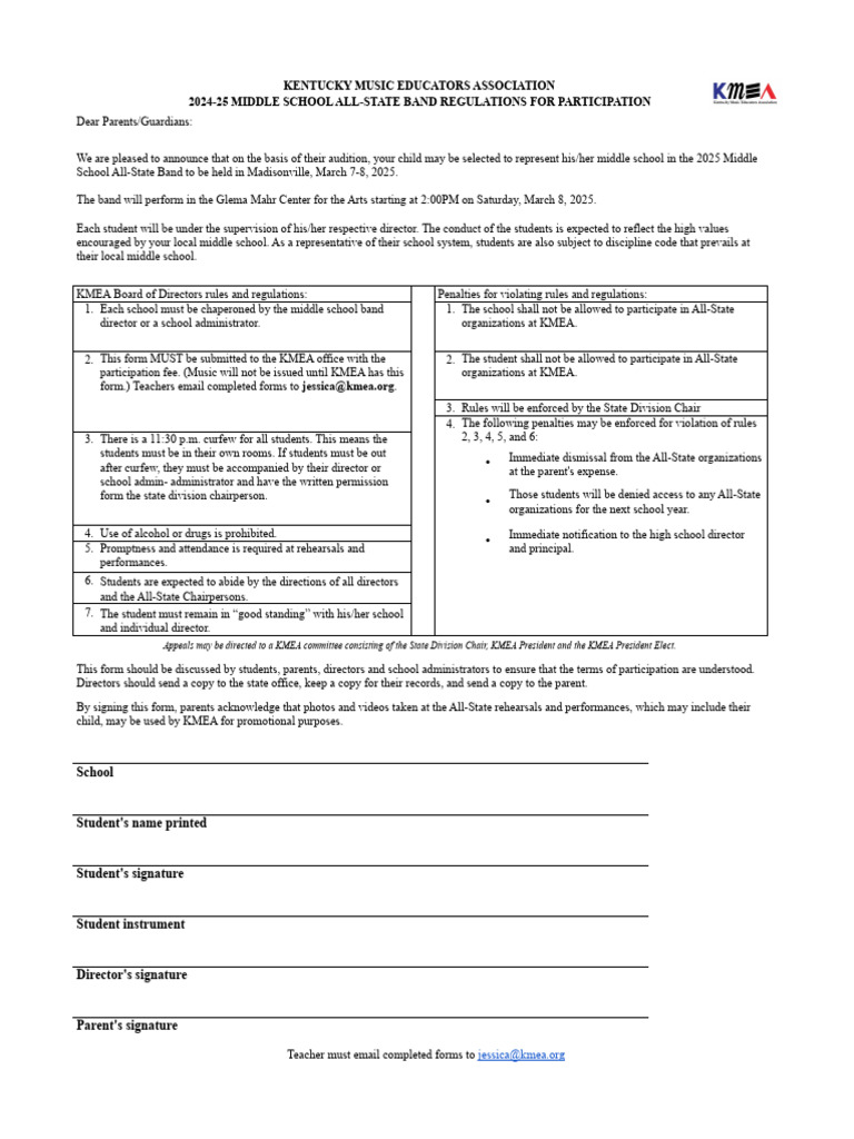 2025 Middle School All State Band Regulations Form For Participation ...
