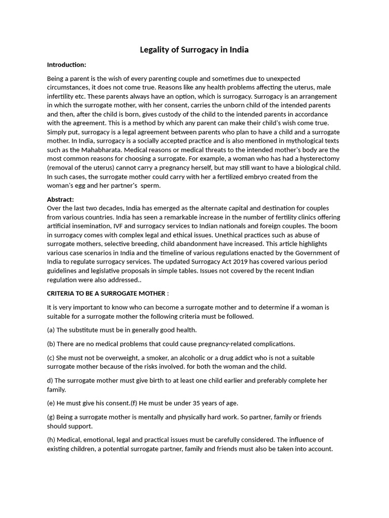 Legality of Surrogacy in India | PDF | Surrogacy | Mother