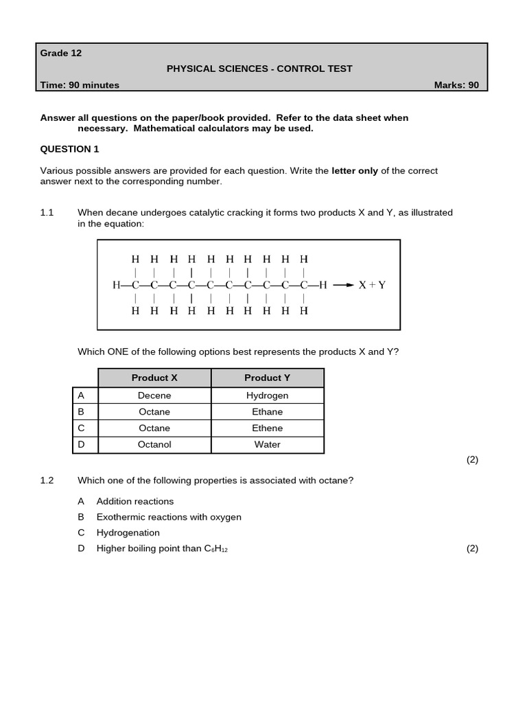 Grade 12 Physical Sciences Control Test | PDF | Diffraction | Chemical ...