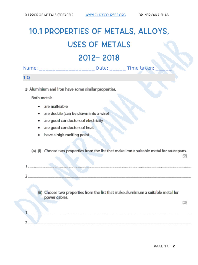 QUIZ - QUESTION - 10.1 Properties of Metals, Alloys, Uses of Metals ...