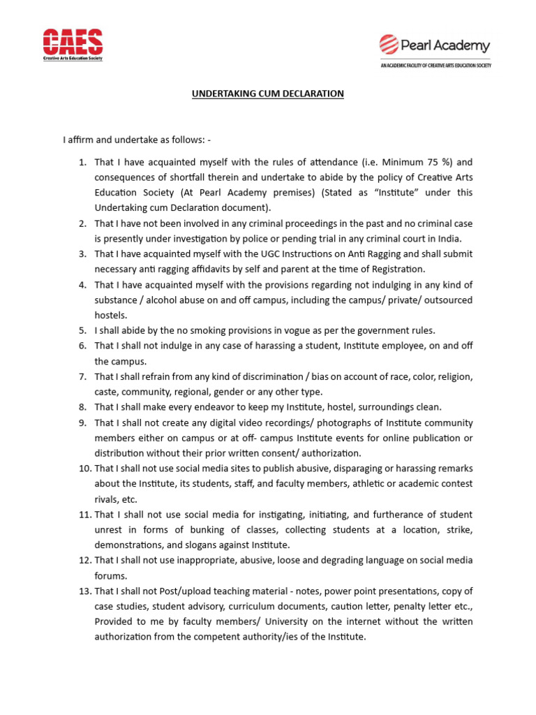 Undertaking Cum Declaration - Ay 2025 | PDF | Justice | Crime & Violence