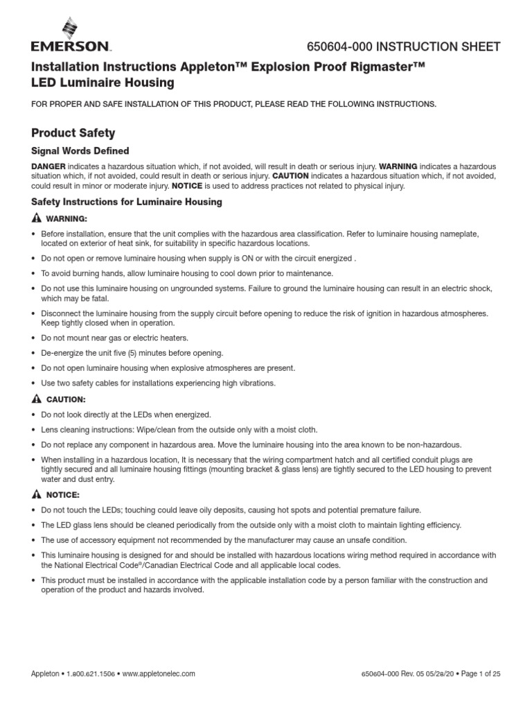 Instruction Sheet Explosionproof Rigmaster Led Series Luminaires 650604 ...
