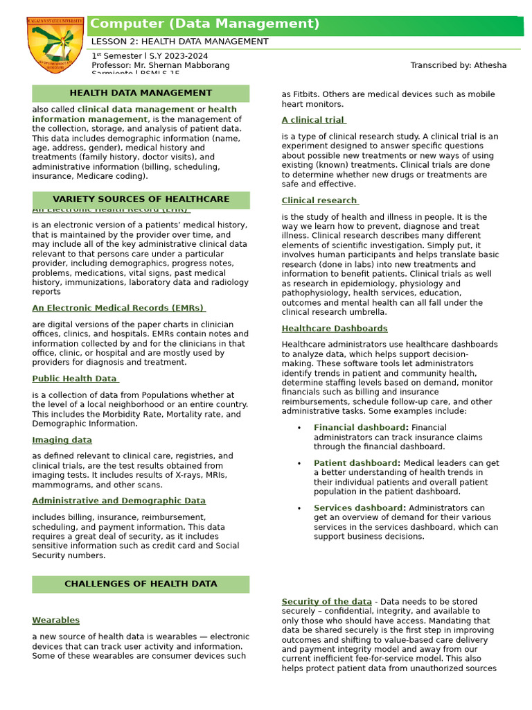 LESSON 2 - Health Data Management | PDF | Electronic Health Record | Clinical Trial