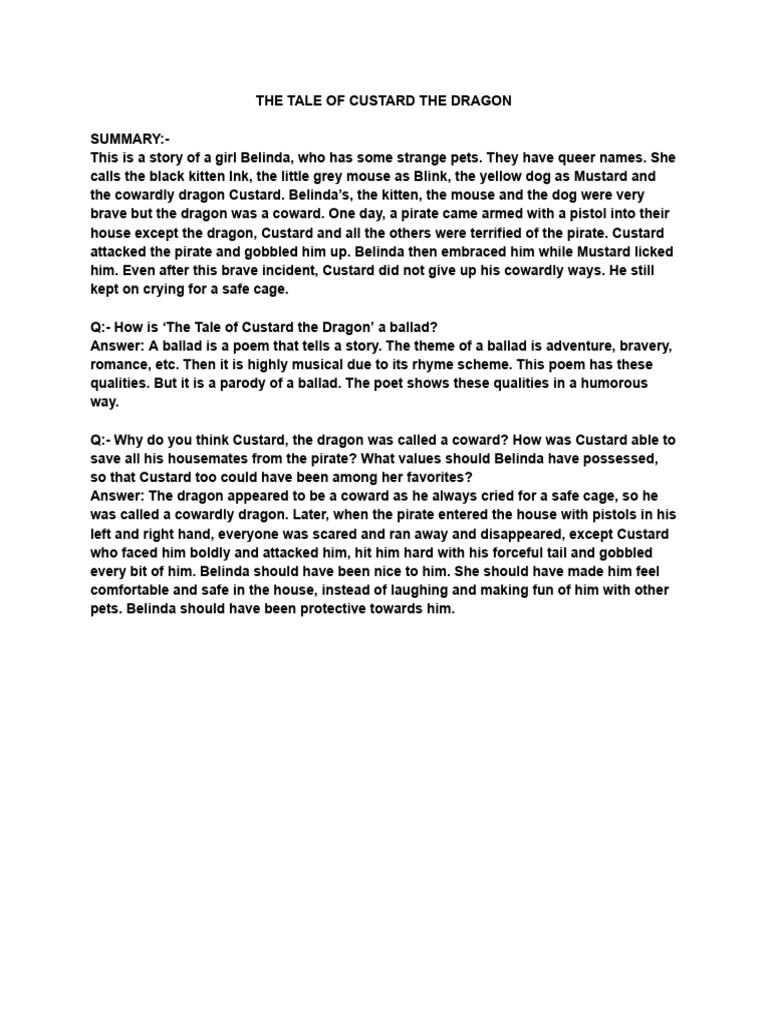 Custard the Cowardly Dragon Summary | PDF