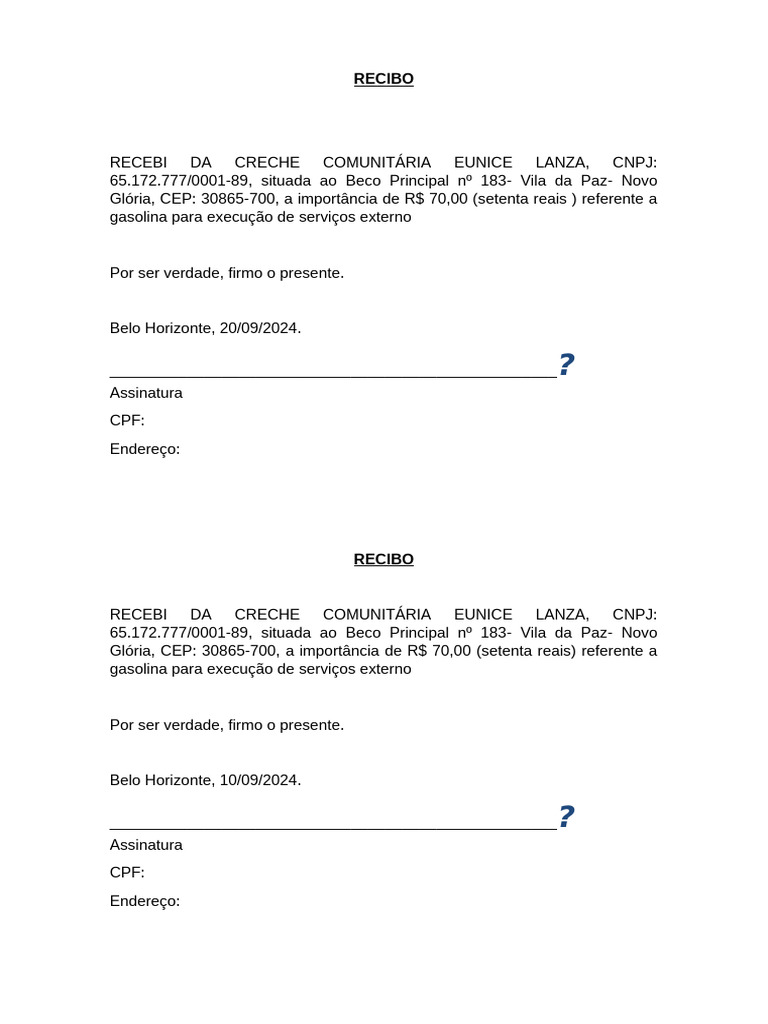 Recibo de Pagamento para Creche | PDF