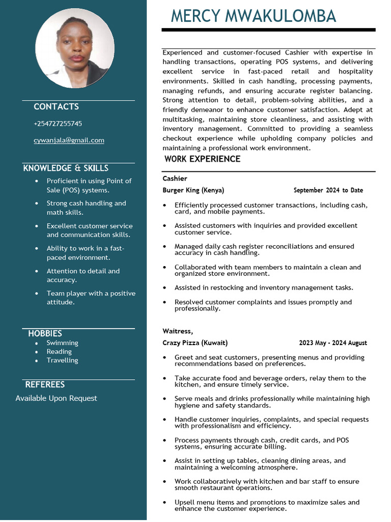 Mercy Mwakulomba Cv | PDF | Point Of Sale | Business