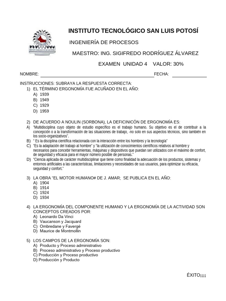 EXAMEN UNIDAD 4 INGENIERIA DE PROCESOS ERGONOMIA | PDF