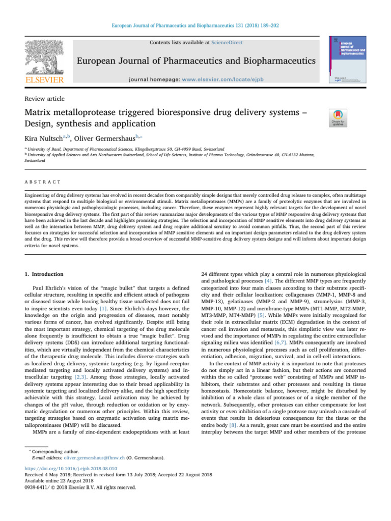 Matrix Metalloprotease Triggered Bioresponsive Drug Delivery Systems ...
