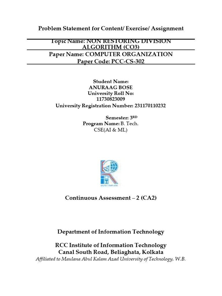 Non-Restoring Division Algorithm Explained | PDF | Division (Mathematics) | Computing