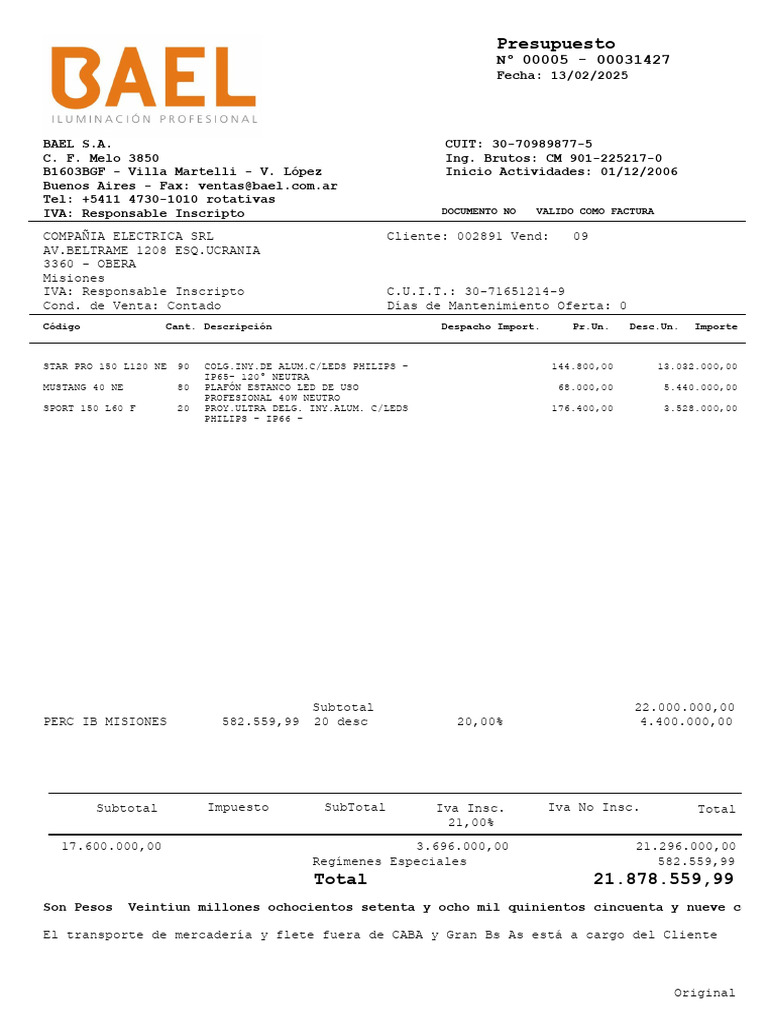 Cotizacion BAEL - Compañia Electrica | PDF