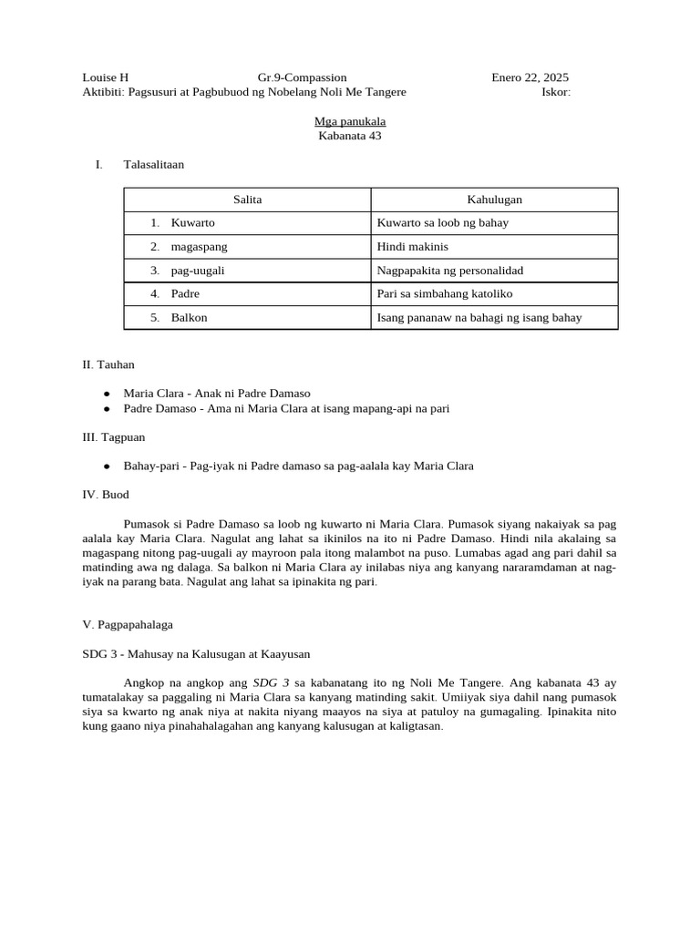 Aktibiti - Pagsusuri at Pagbubuod NG Nobelang Noli Me Tangere | PDF