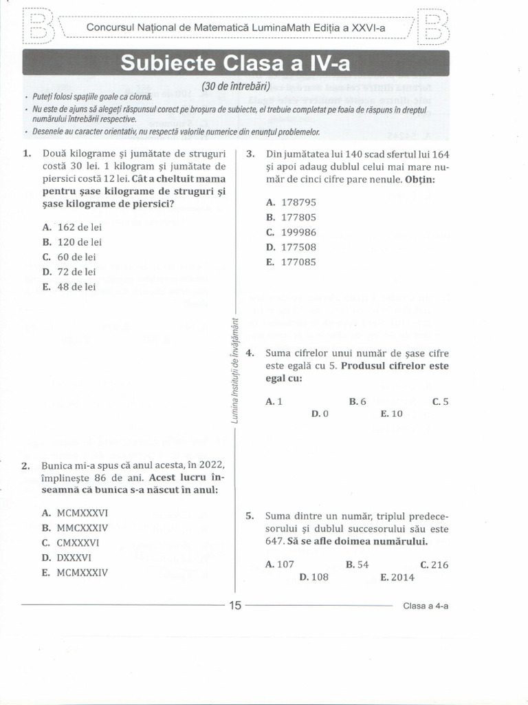 Luminamath 2022 - Clasa A Patra | PDF