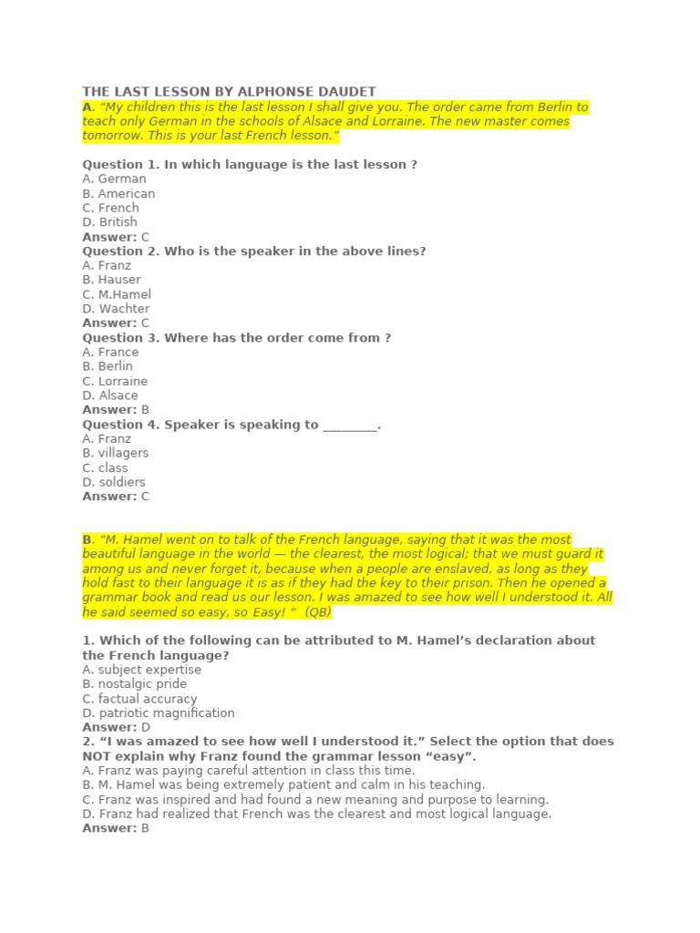 The Last Lesson by Alphonse Daudet PDF | PDF | Literacy | Teachers