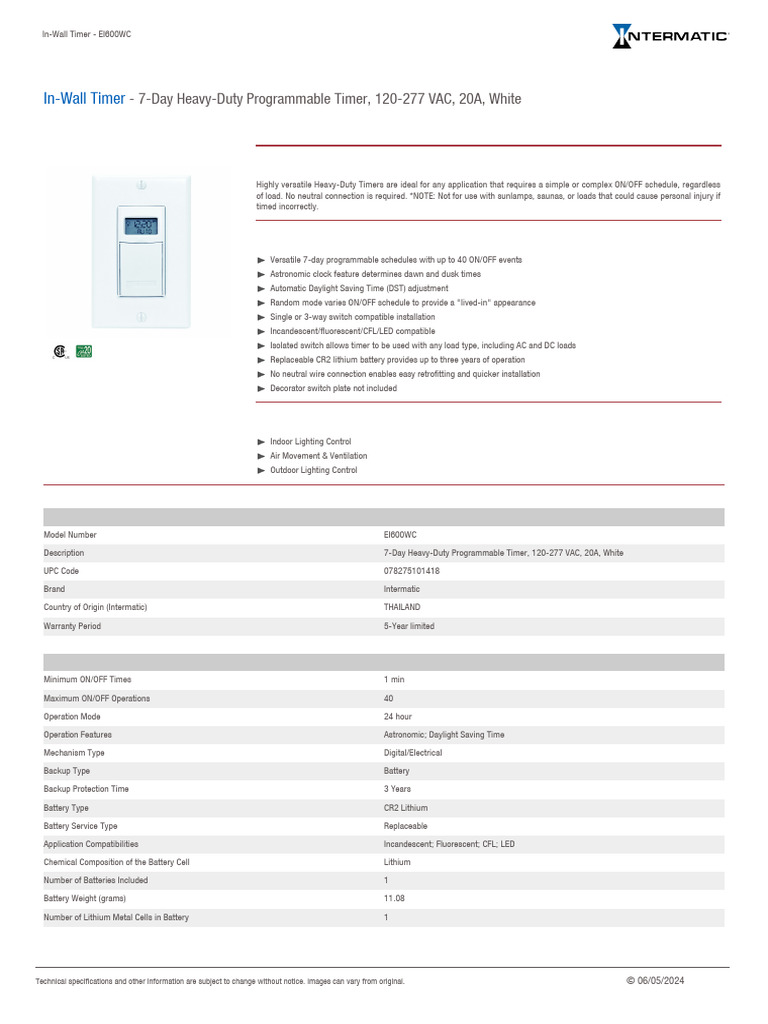 Intermatic EI600WC Timer Manual | PDF | Alternating Current ...
