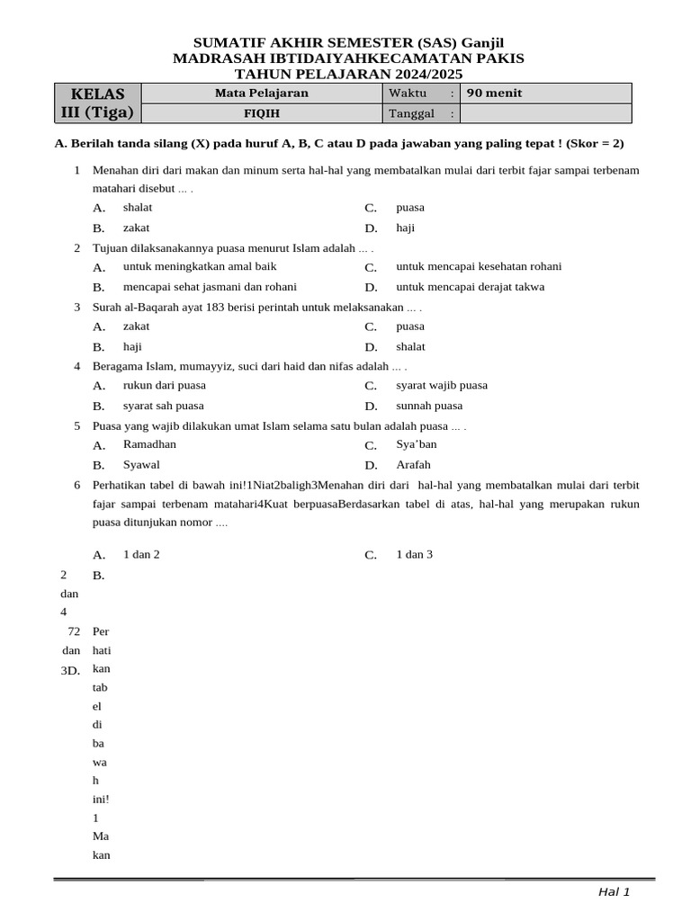 Naskah Sas Ganjil Kelas 3 2024-2025 | PDF