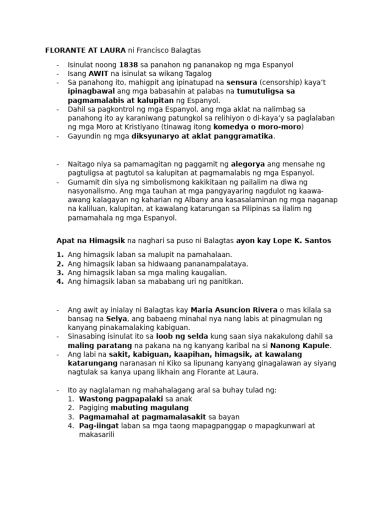 FLORANTE at LAURA Ni Francisco Balagtas | PDF