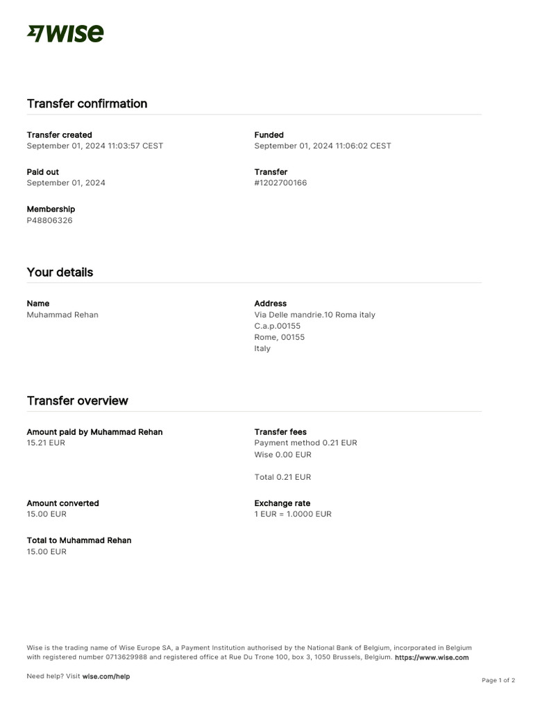 Wise Transaction Invoice Transfer 1202700166 3809729219 en | PDF | Euro ...