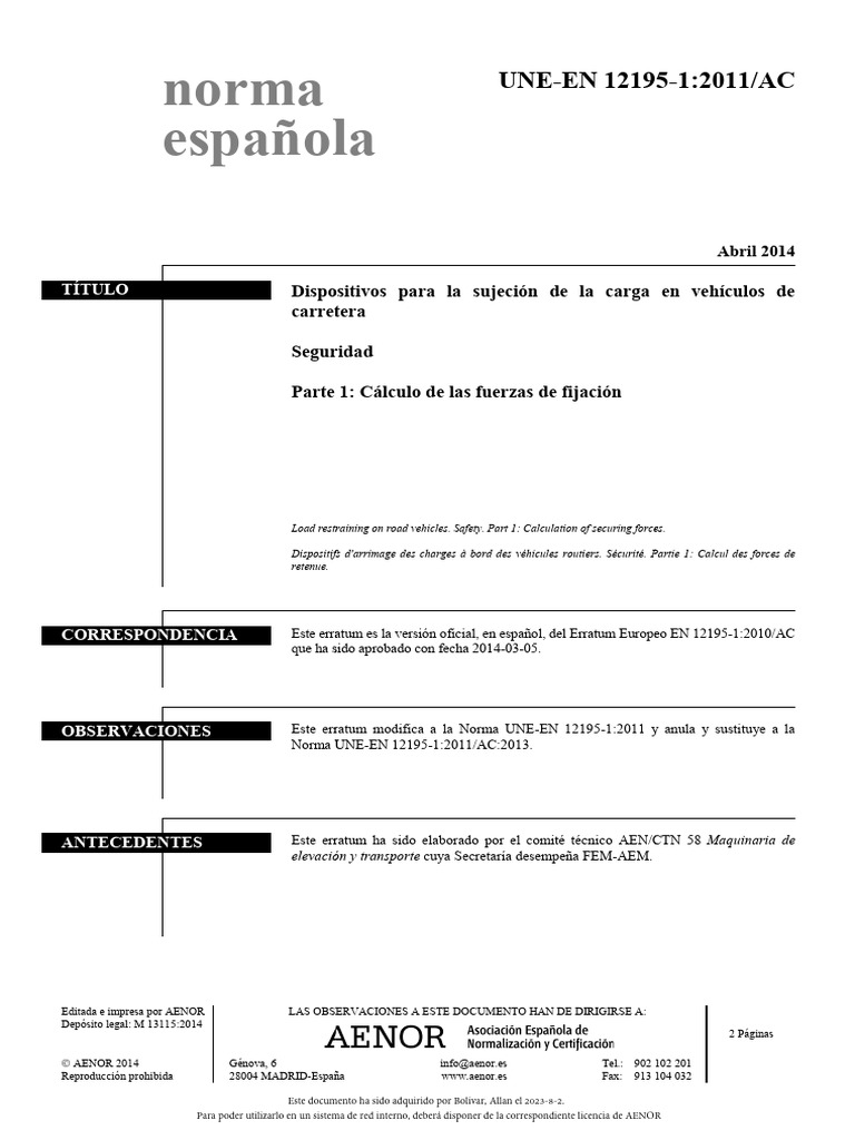 Modificación Norma UNE-EN 12195-1 | PDF