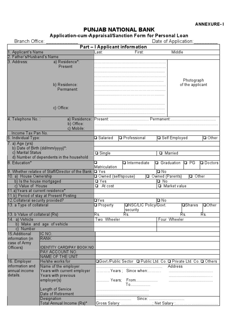 Punjab National Bank: Application-cum-Appraisal/Sanction Form For Personal Loan Part - I ...