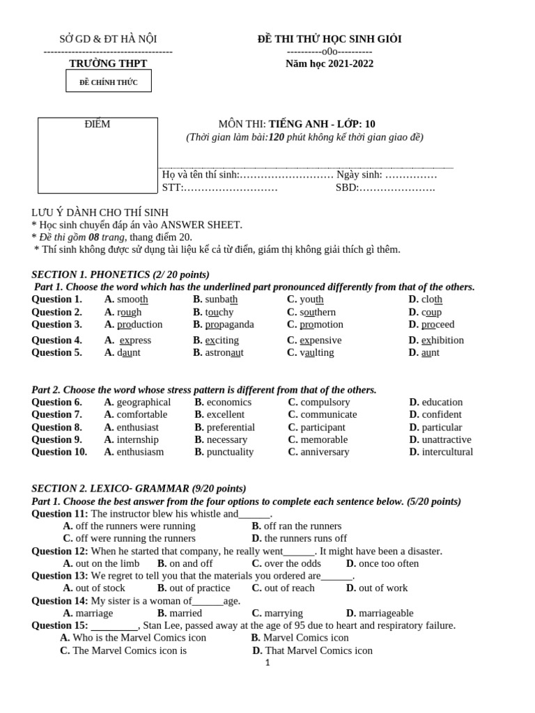 2021-2022 HSG 10 - THI THỬ - đề- HSG | PDF | Neoliberalism | Globalization