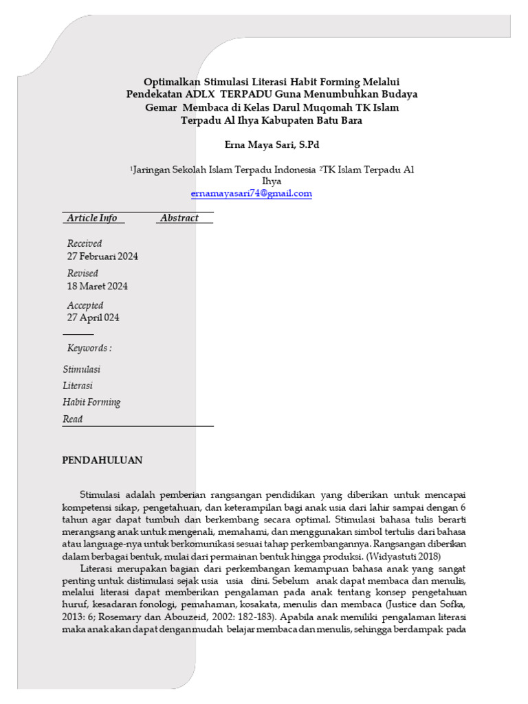 Optimalkan Stimulasi Literasi Habit Forming Melalui Pendekatan ADLX TERPADU Guna Menumbuhkan ...