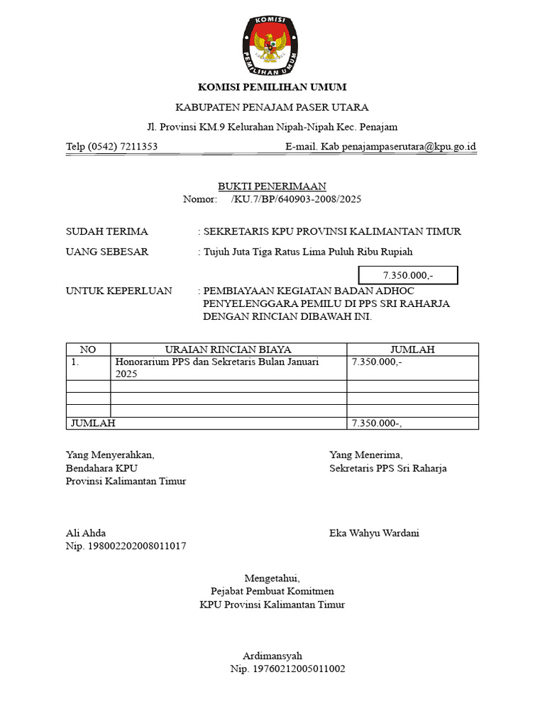 Bukti Penerimaan Bln Januari Prov | PDF