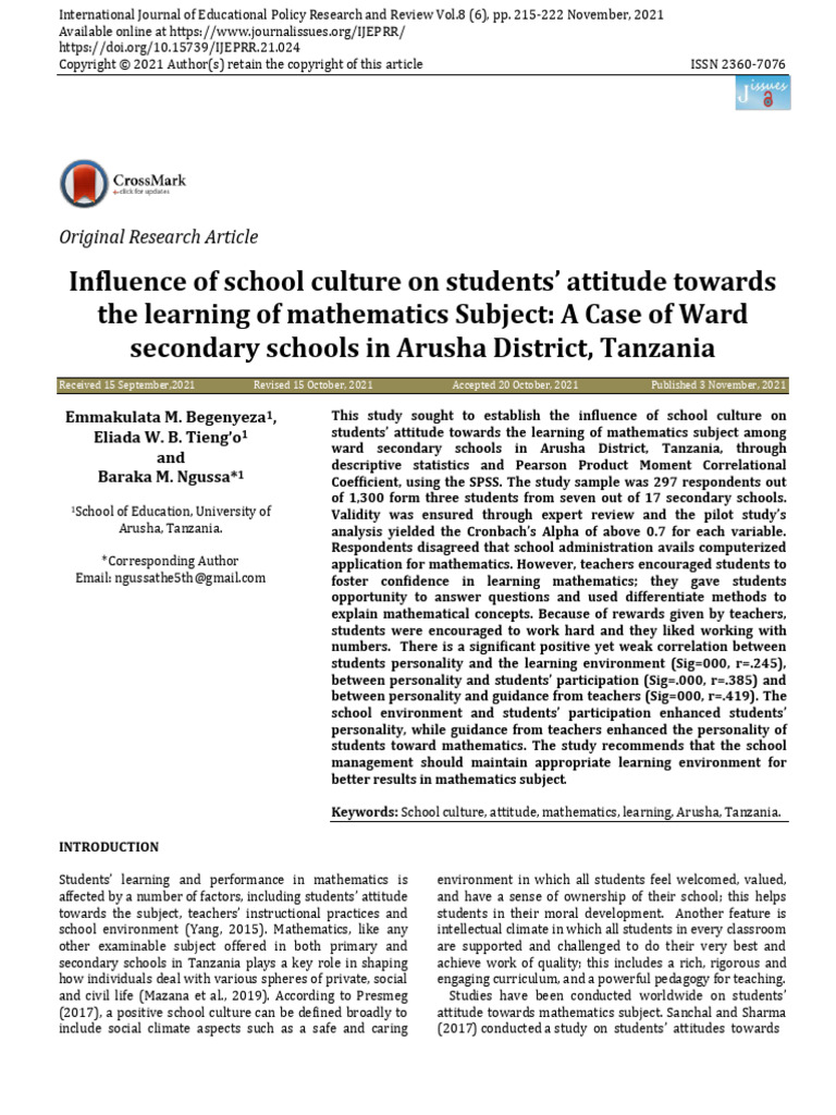 2021 - Influence of School Culture On Students' Attitude Towards The ...