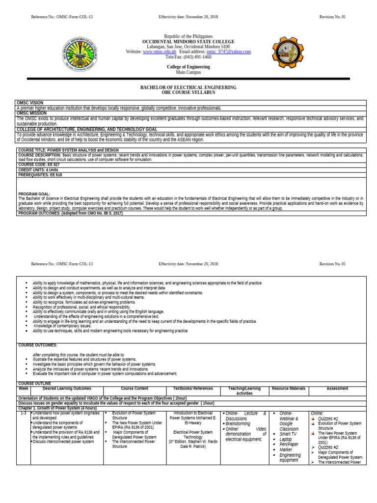 Power System Analysis and Design Syllabus | PDF | Engineering ...