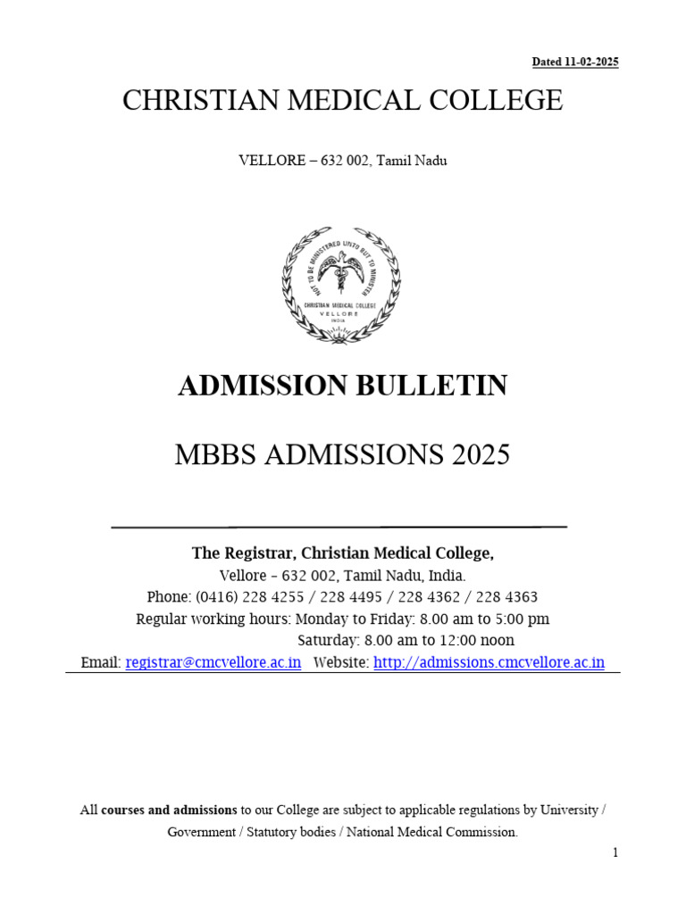 CMC MBBS Admission Bulletin 2025 | PDF | Medical School | University ...
