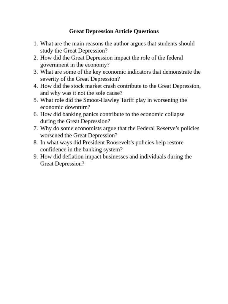 Great Depression Article Questions | PDF