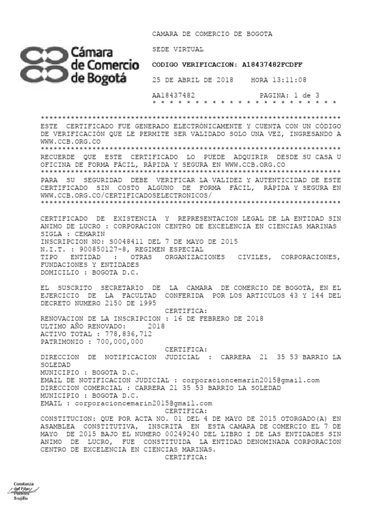 Certificado Existencia Cemarin | PDF | Colombia | Iniciativa empresarial