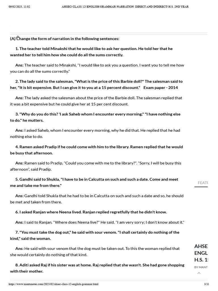 Class 12 Narration Exercises Guide | PDF