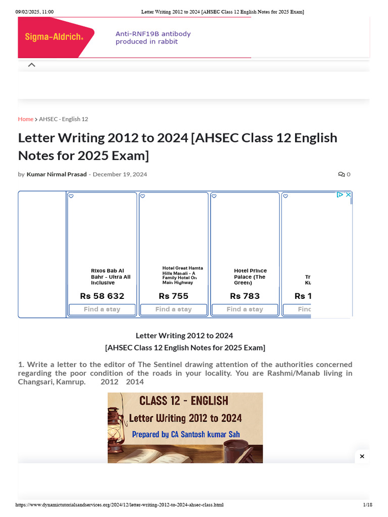 AHSEC Class 12 Letter Writing Guide | PDF