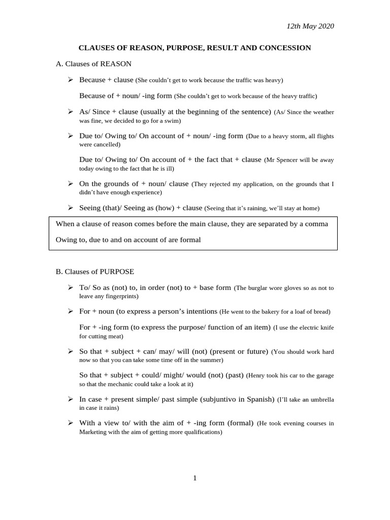 Clauses of REASON, etc | PDF | Verb | Adjective