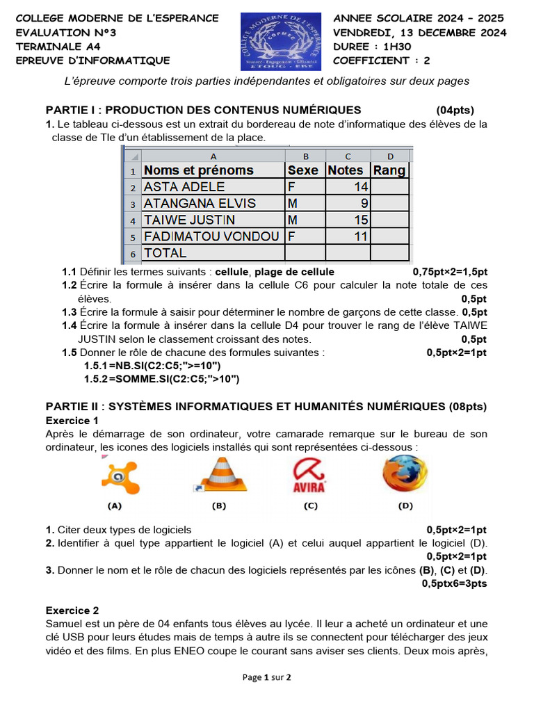 Évaluation Informatique Terminale A4 | PDF | Bases de données ...
