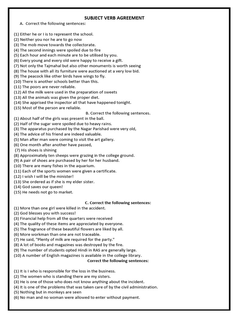 Subject-Verb Agreement Exercises | PDF