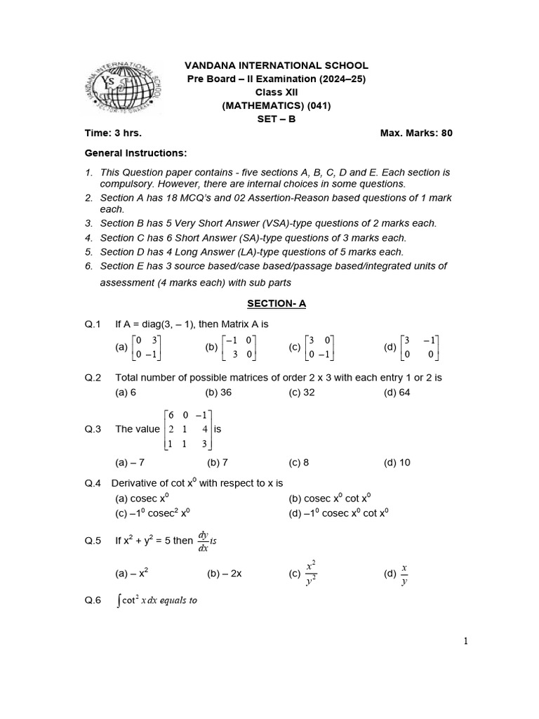 Preboard Class Xii 2 Set 2 24-25 | PDF | Equations | Function (Mathematics)