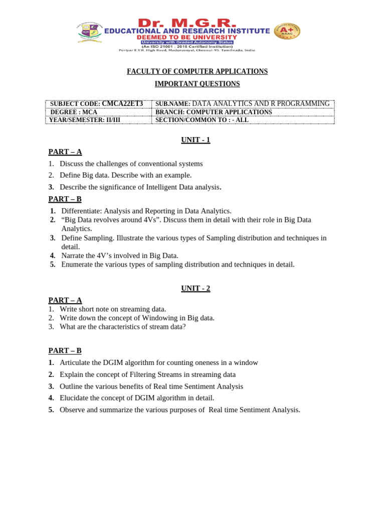Data Analytics and R Programming - Cmca22et3 | PDF | Data Analysis | Apache Hadoop