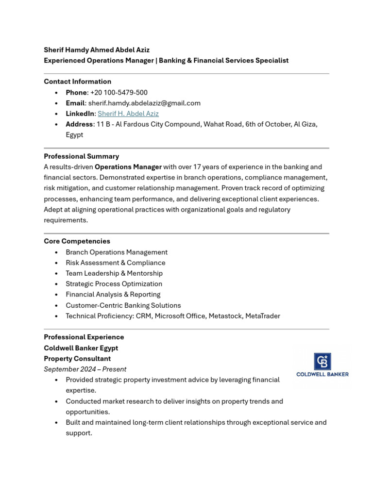 CV - Operations Manager - Sherif Hamdy - 2025 | PDF | Regulatory Compliance | Banks