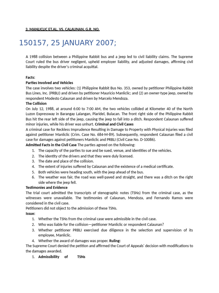 3. MANLICLIC ET.AL. VS. CALAUNAN, G.R. NO. | PDF | Legal Liability ...