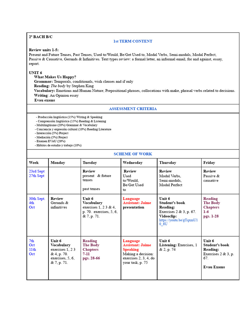 2BACH CD - SCHEME OF WORK. 1st TERM | PDF | Verb | Grammatical Tense