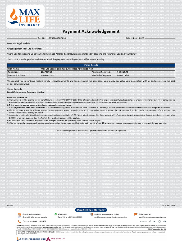Max Life Insurance Payment Acknowledgement | PDF | Life Insurance ...